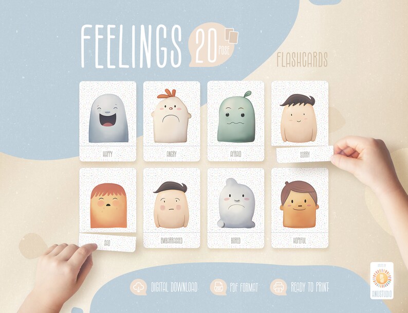 20 Feelings Flashcards, Emotions Flashcards, Montessori Toddler ...