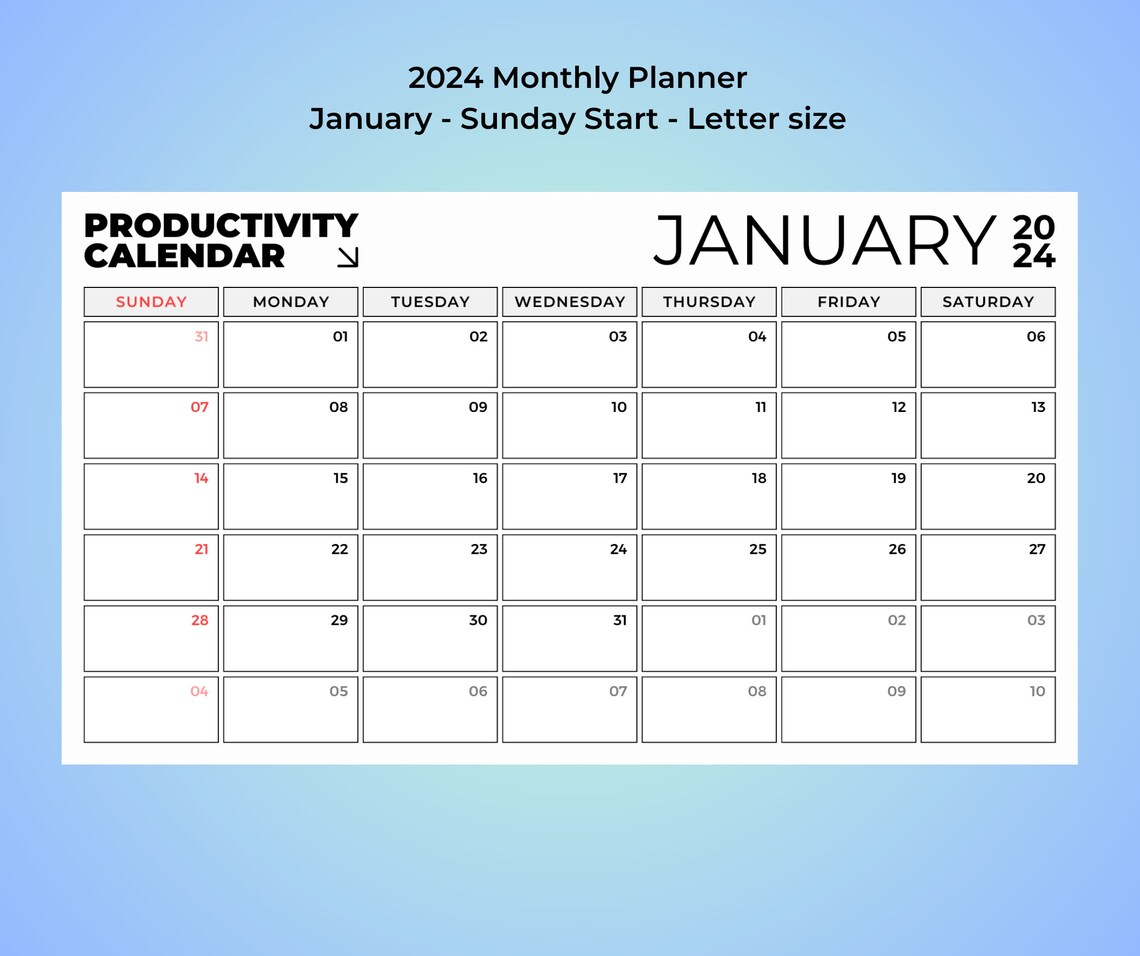 Printable 2024 Monthly Planner Landscape Sunday Start, 2024 Minimal ...