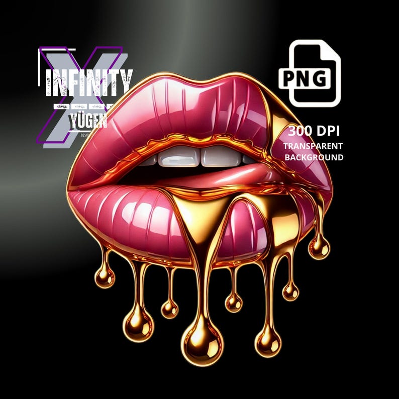 Golden Female Lips Png, Dripping Money Themed, Retro Sublimation Design ...