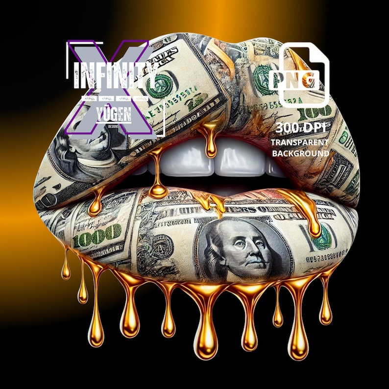 Golden Female Lips Png, Dripping Money Themed, Retro Sublimation Design ...