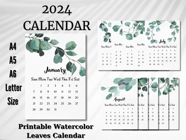 2024 Calendar Printable 2024 Watercolor Leaves Calendar - Etsy Singapore