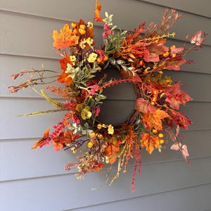 Burnt Orange Fall Wreath With Pumpkins, Fall Leaves Foliage Wreath for ...