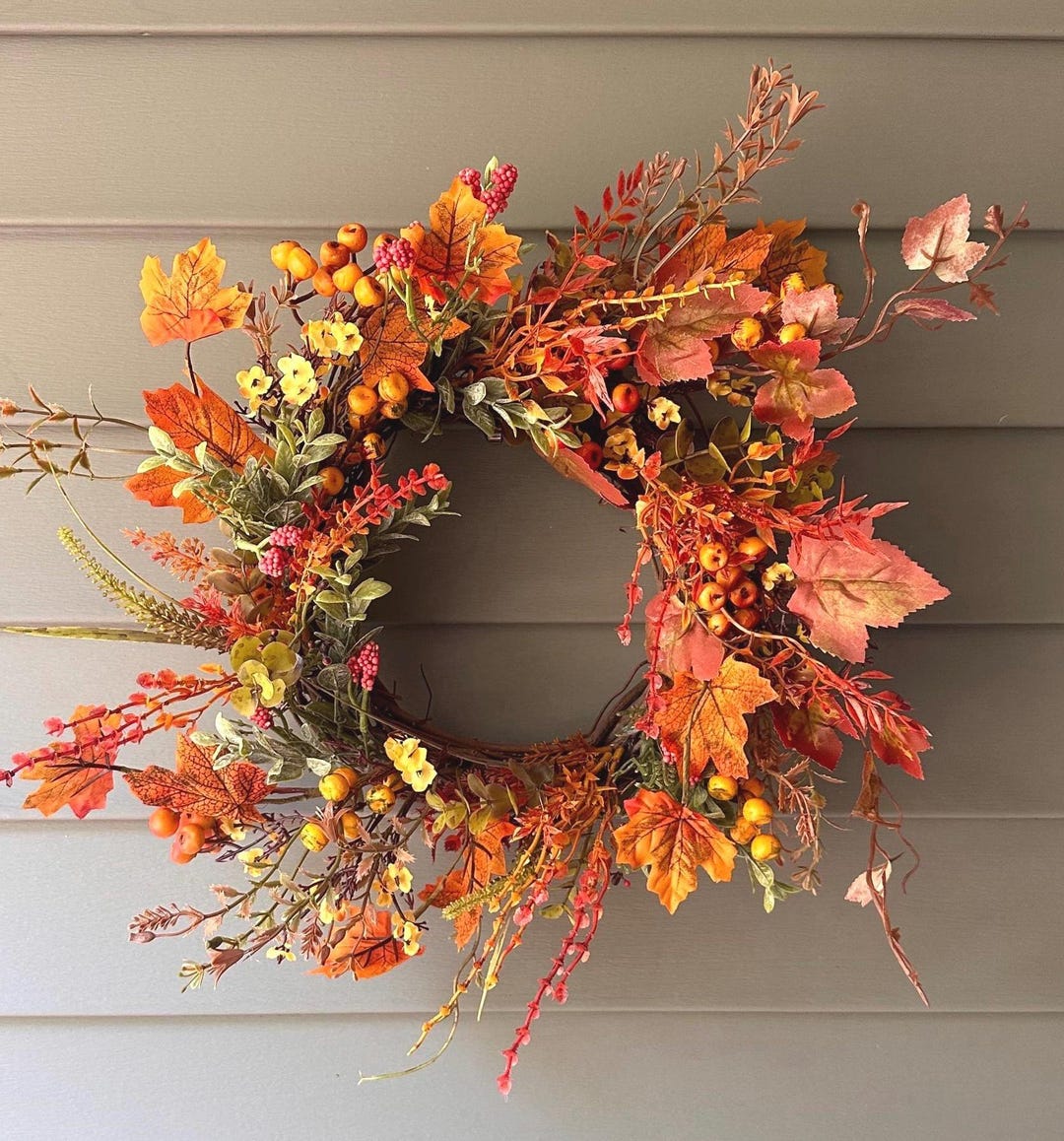 Burnt Orange Fall Wreath With Pumpkins, Fall Leaves Foliage Wreath for ...