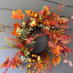 Burnt Orange Fall Wreath With Pumpkins, Fall Leaves Foliage Wreath for ...