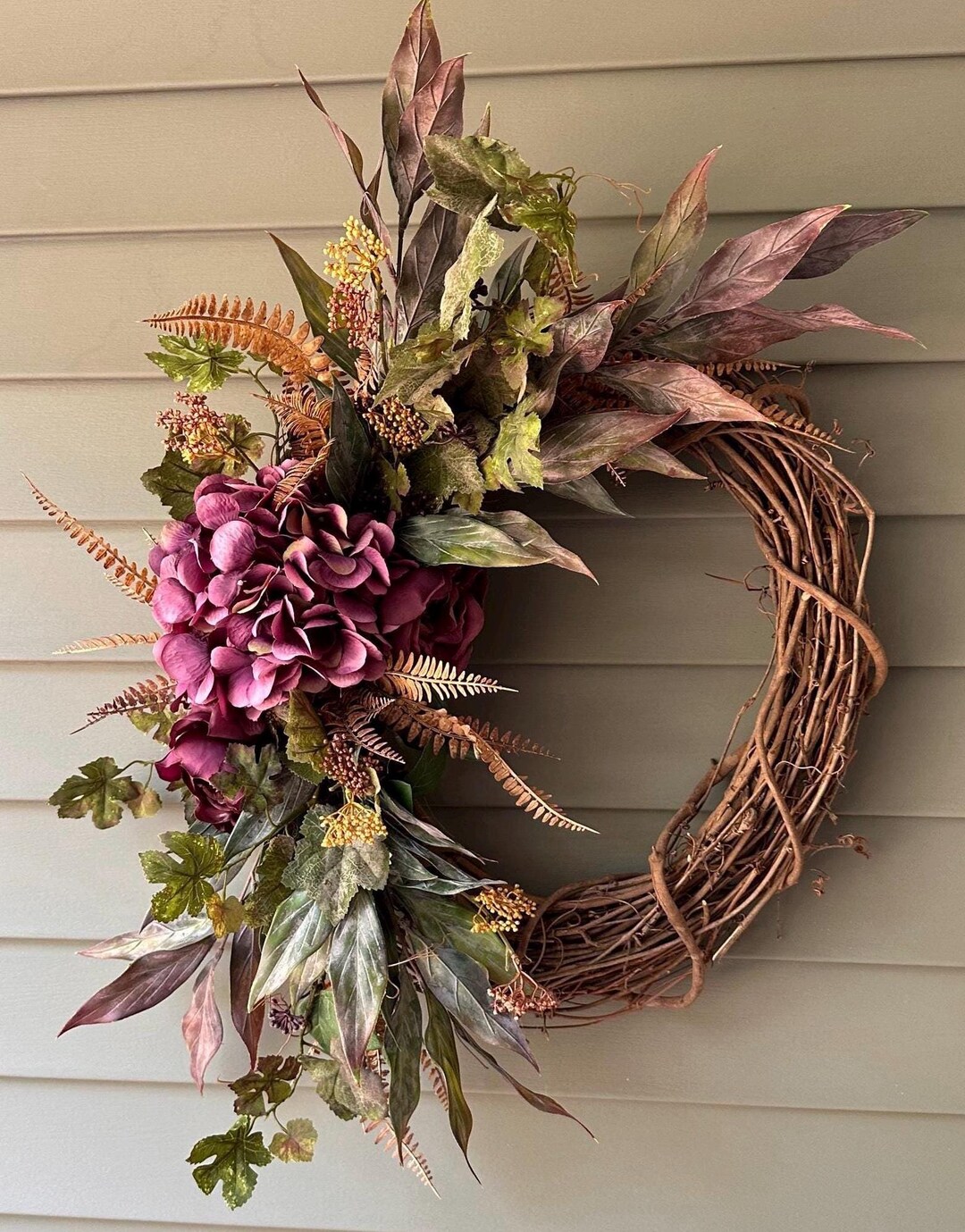 Rustic Grapevine Wreath With Burgundy Hydrangea and Autumn Foliage ...