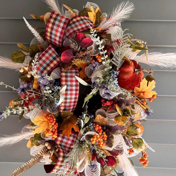 Fall Boho Grapevine Wreath, Boho Chic Fall Wall Art, Pampas Grass Home ...