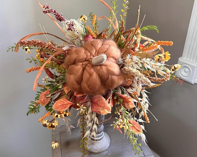Fall Rust Pumpkin Centerpiece, Candlestick Flower Arrangement, Kitchen ...