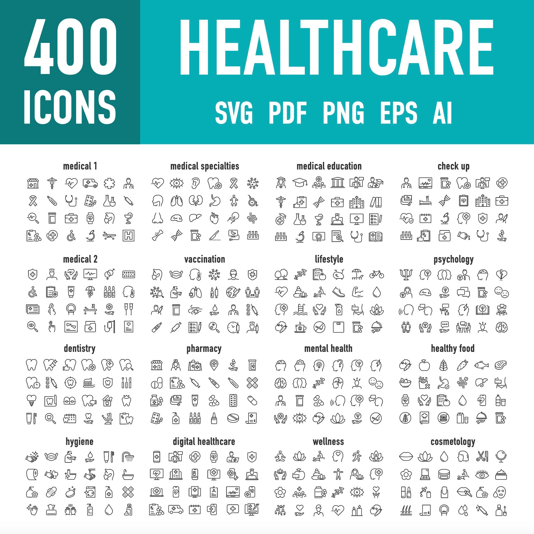 Collection of 400 Medical and Healthcare Web Icons in Line Style. SVG ...