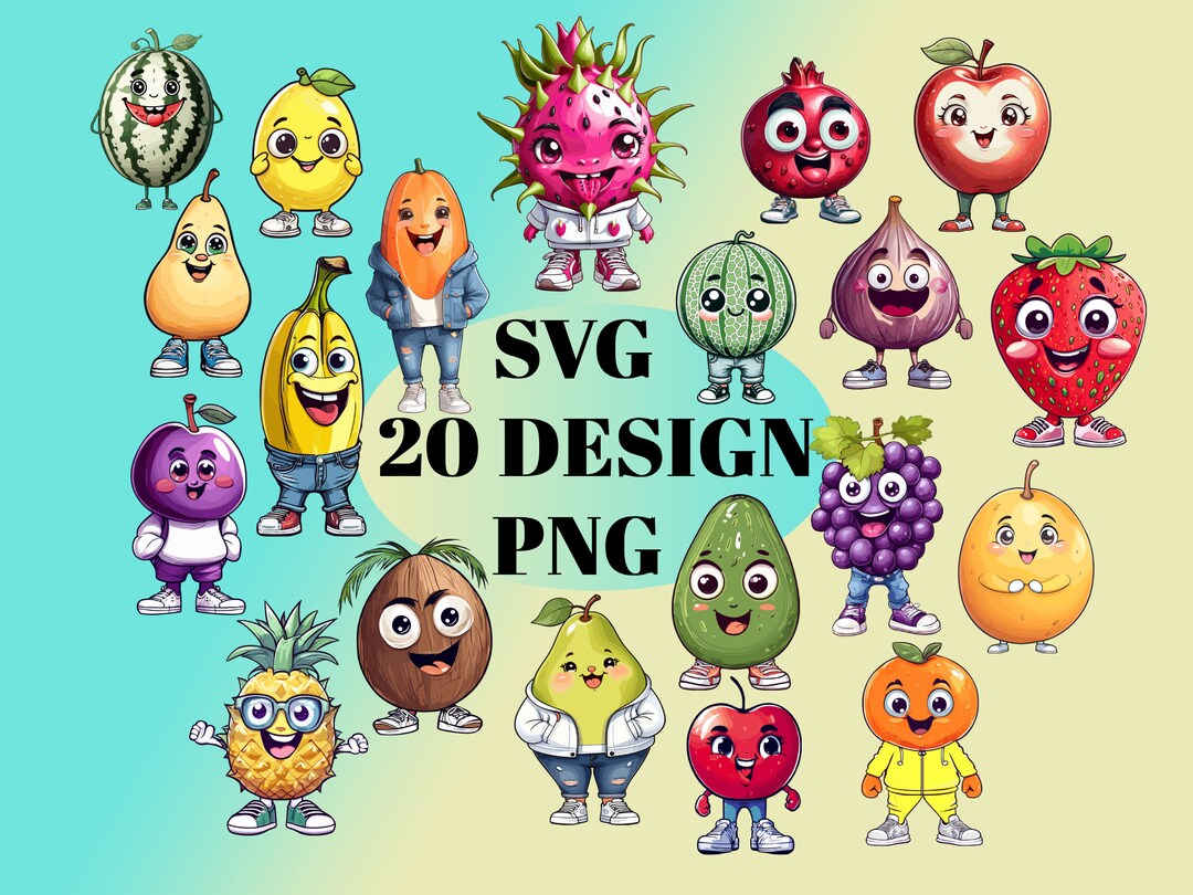 Cute Fruits SVG/PNG Bundle, Fruit Faces Svg Clipart, Fruits Cartoon ...
