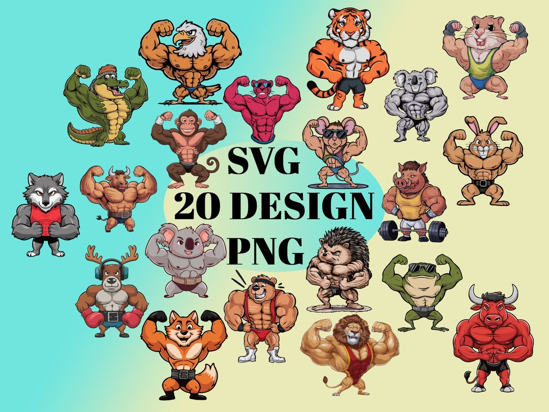 BODYBUILDER ANIMALS Svg/png Bundle, Strong Body, Design for Print, T ...