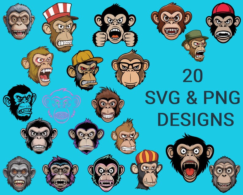 20 Angry Monkey SVG & PNG Designs, Cute Cartoon Animal Clipart Bundle ...