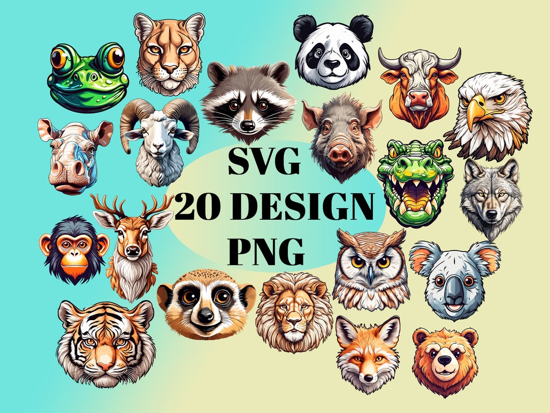 Animal Faces Set SVG/PNG Bundle, Animal Heads Svg/png Clipart, Colored ...