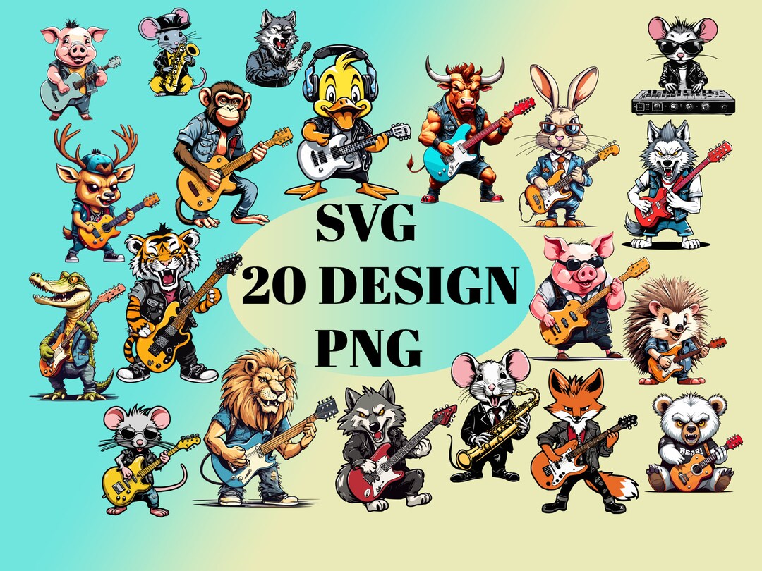 Punk Rock Animals SVG/PNG Bundle, Animals With Guitar Clipart, Colored ...