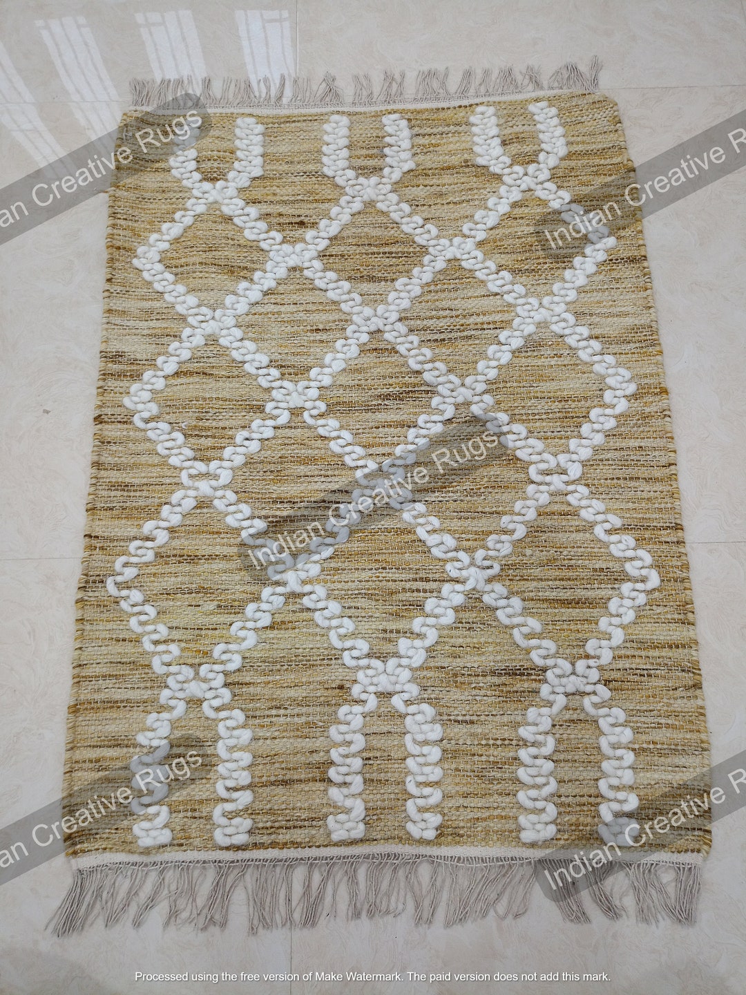 Rhombus Modern Yellow and White Durries Rugs With Loop Pile and Flat ...