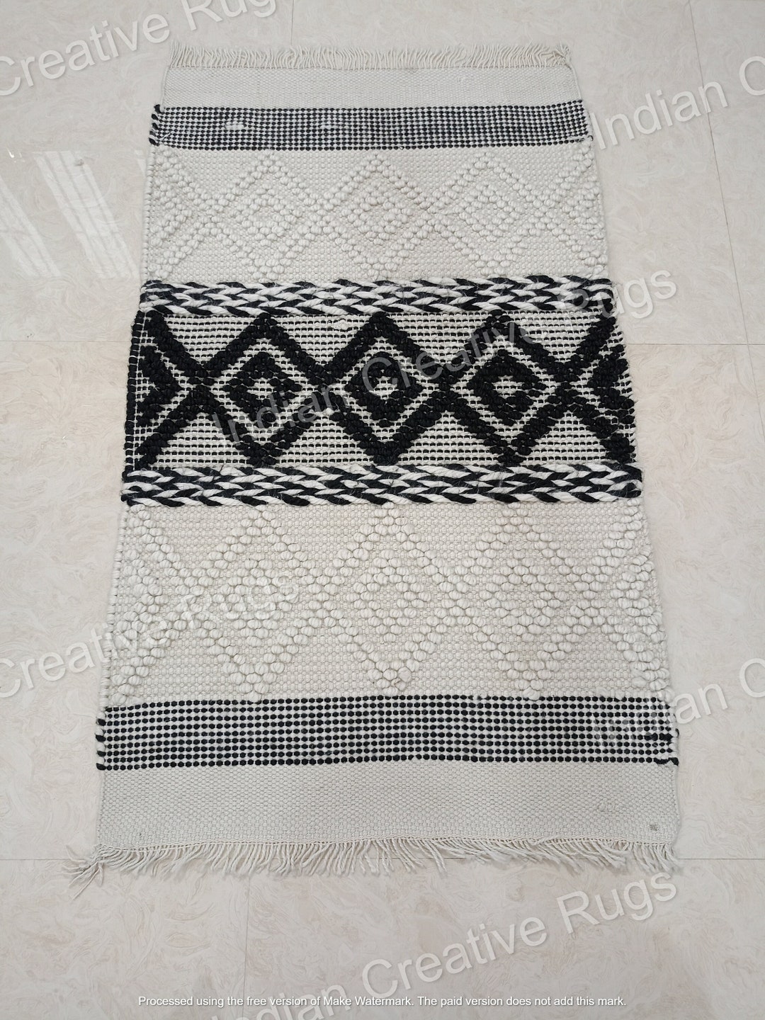 Abstract Modern Durries Rugs Black and White With Pile& Flat Weave in ...