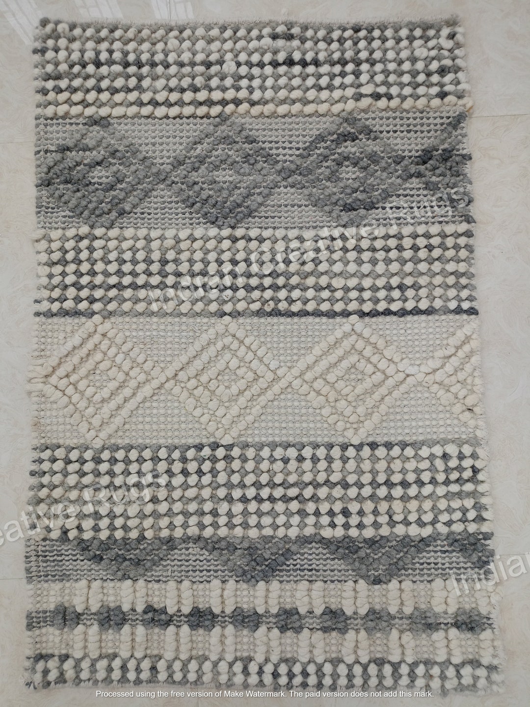 Abstract White and Grey Durries Rugs With Loop Pile and Flat Weave in ...