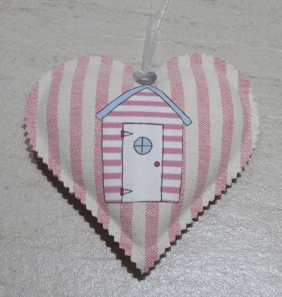 Large 15cm Susie Watson Rose Ivory Striped Fabric Beach Hut Heart ...