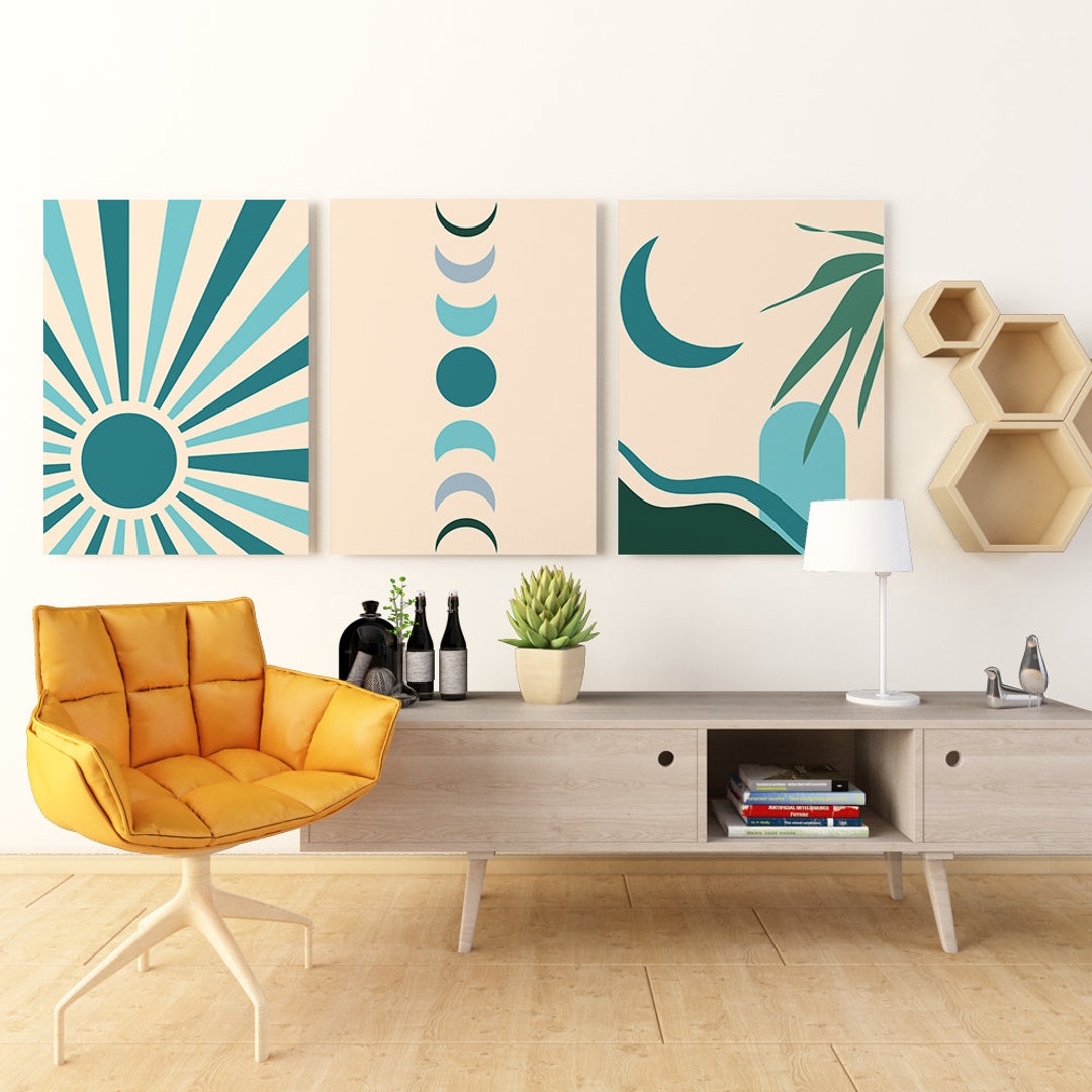 Graphic Art Print, Abstract Vertical Shapes, Sun Rays, Teal Tones ...
