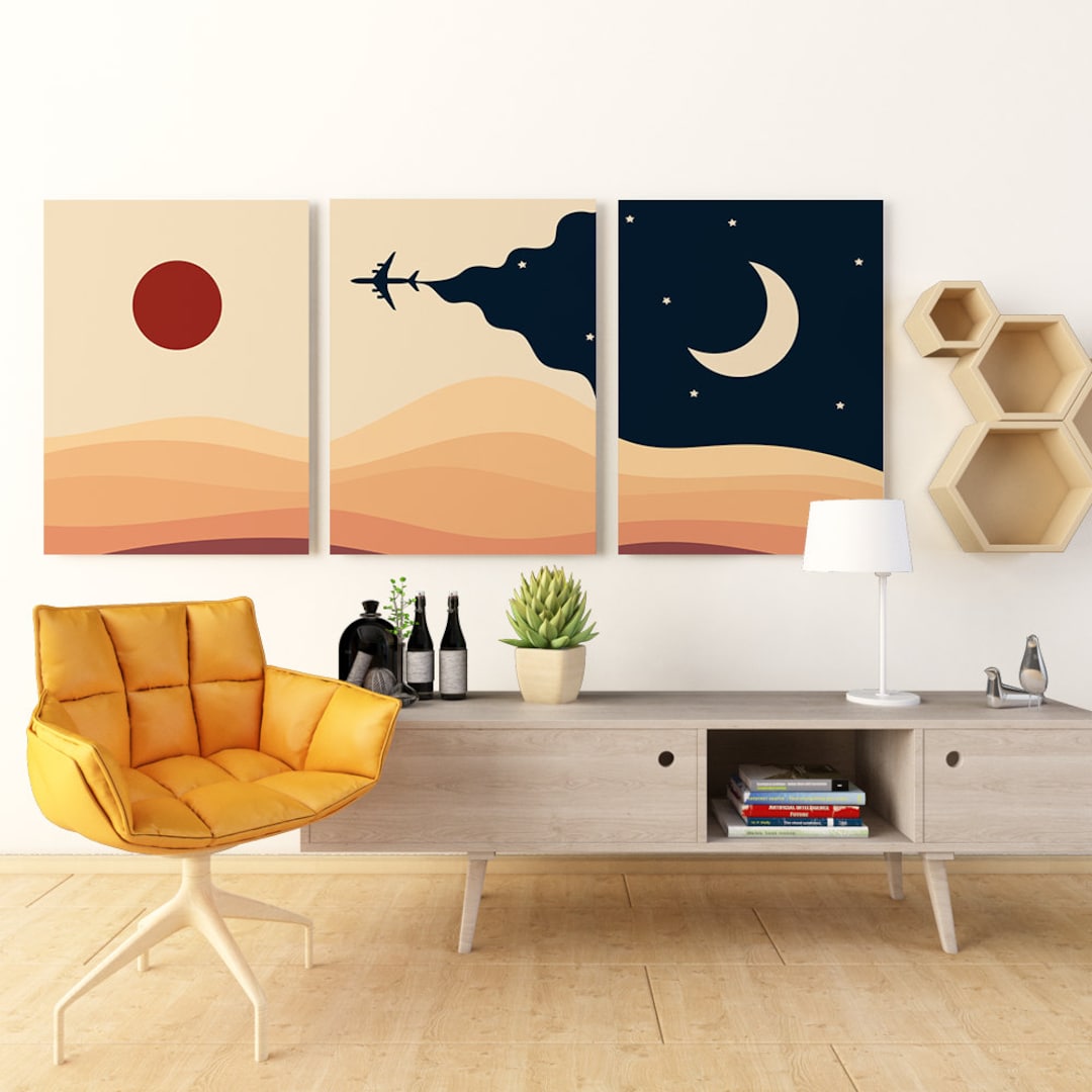 Minimalist Landscape, Maroon Sun, Orange Brown Tones, Airplane Art ...