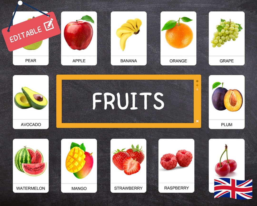 FRUITS Montessori · ENGLISH · 40 Easy-to-cut Educational Cards · Real ...