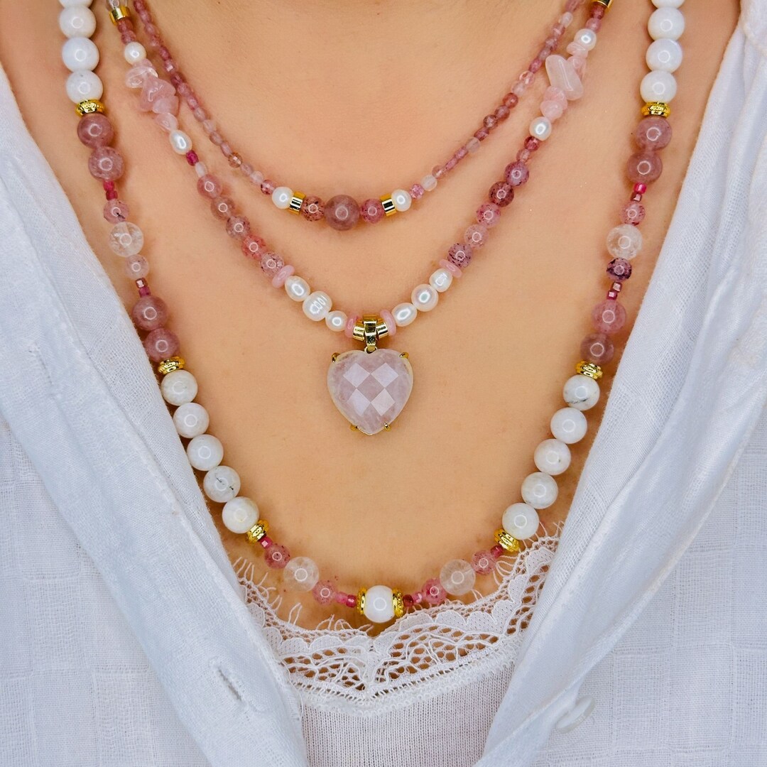 Layered Strawberry Quartz Necklace With Moonstone, Pearl & Ruby Heart ...