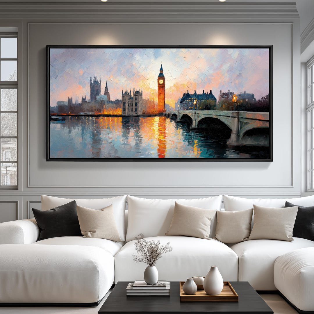 Big Ben London Wall Art, Urban Impasto Oil Painting of Thames River and ...