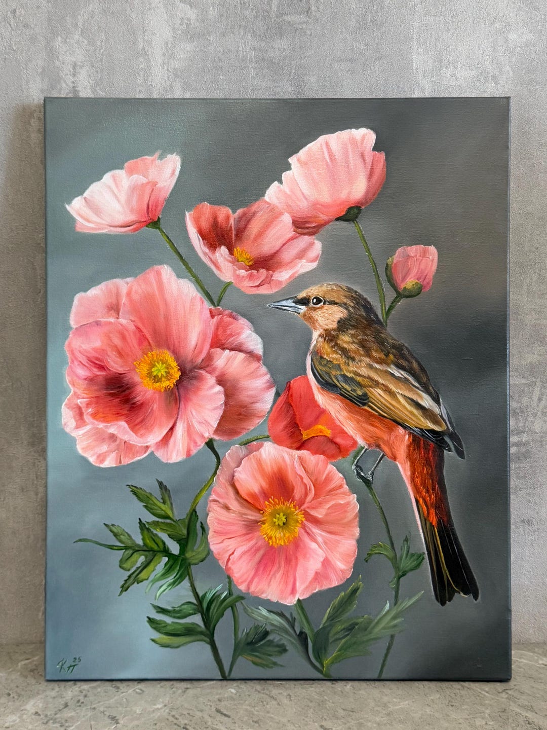 The Oil Painting With Poppies and Bird, Poppies Art Work, Wall Decor ...