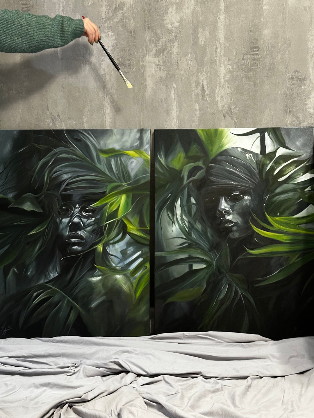 Green Mystique Oil Painting: Woman Portrait in Green Leaves Diptych (31 ...