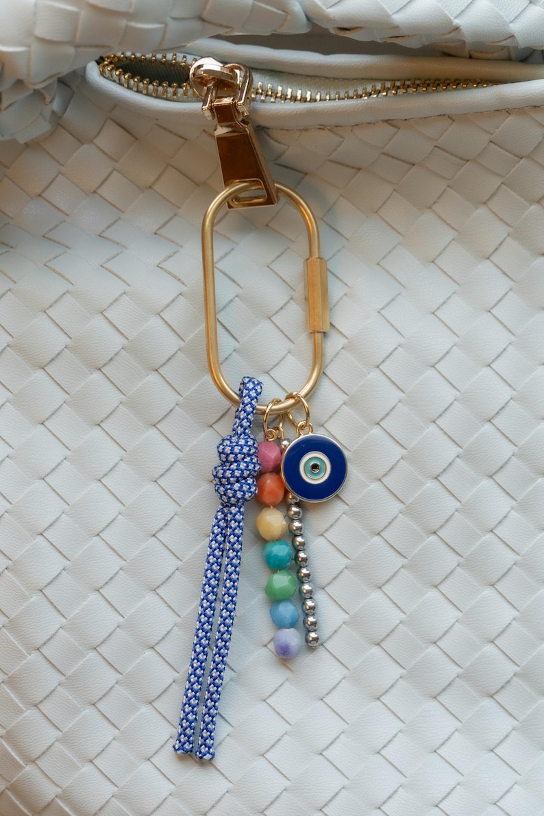 Beaded Bag Charm Keychain: Brass, Paracord Accent, Assorted Glass Beads ...