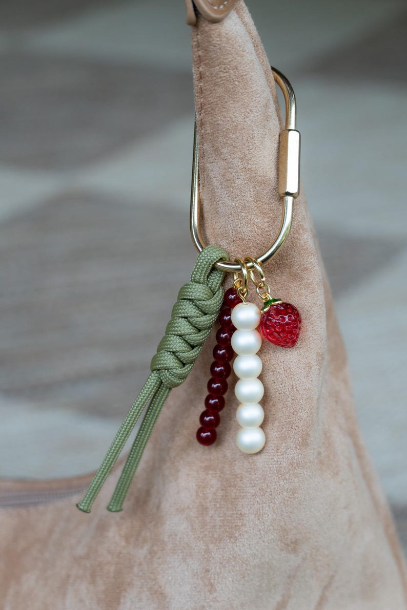 Strawberry Bag Charm Keychain: Brass, Paracord Accent, Assorted Glass ...