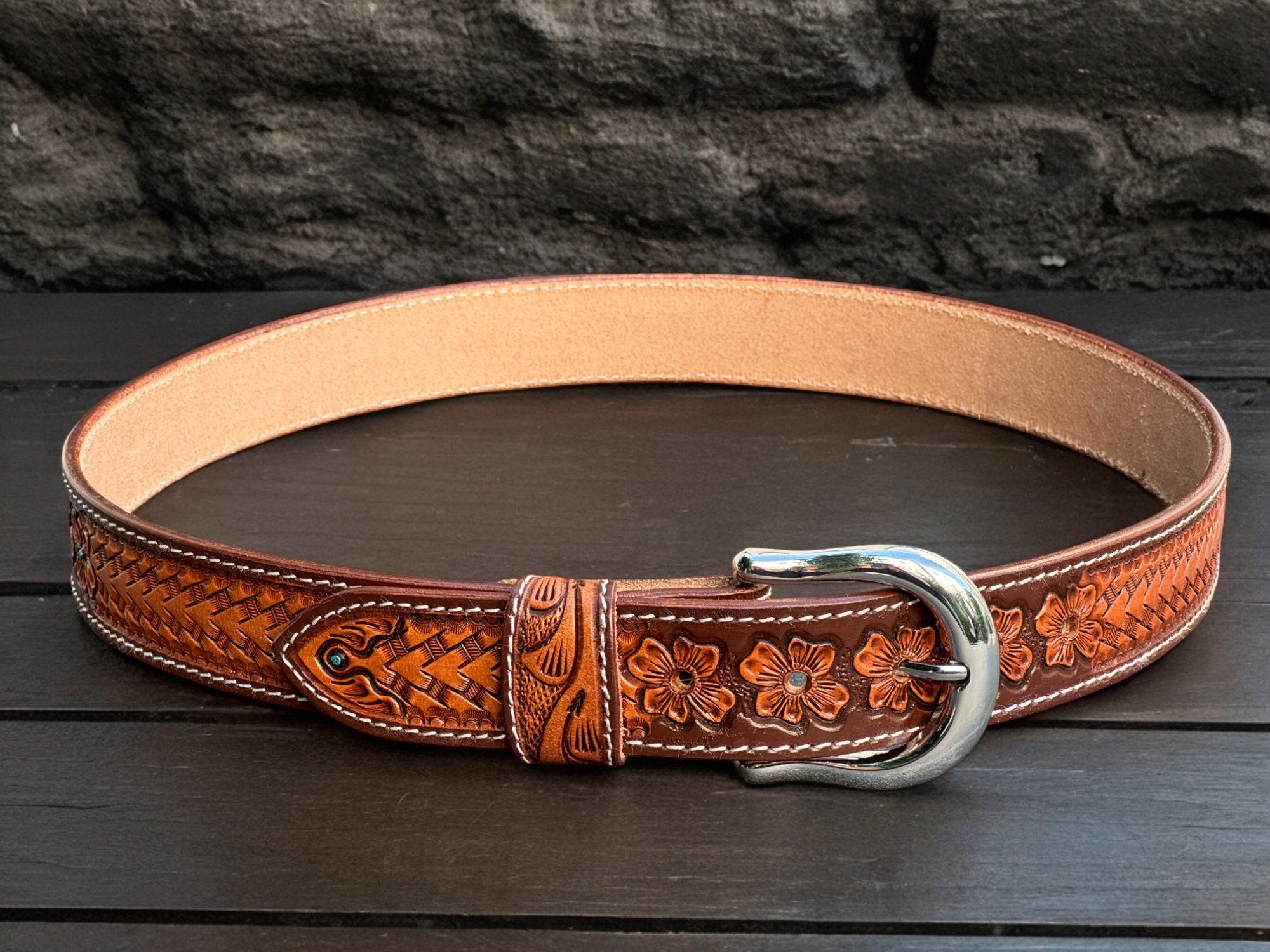 Floral Leather Belt Handmade Men's Personalized Western Belt Genuine ...