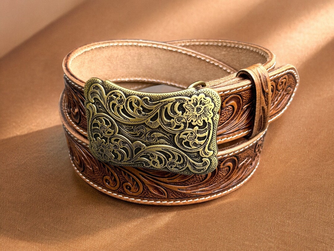 Floral Handmade Western Engraved Leather Belt With Buckle Leather Snap ...