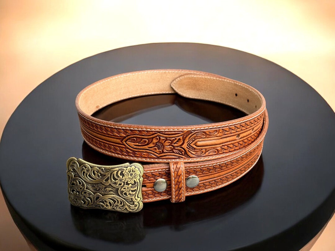 Western Leather Belt With Floral Buckle Personalized Belts Handmade ...