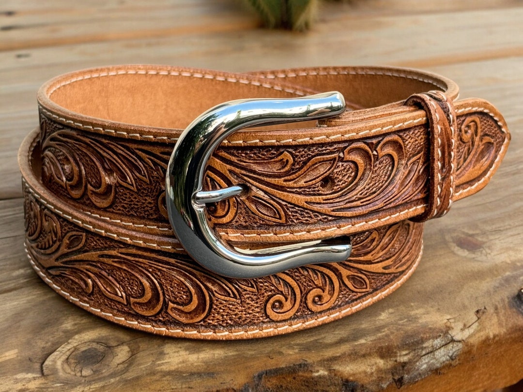Handmade Tooled Leather Western Belt Floral Design Handmade Men's Belt ...