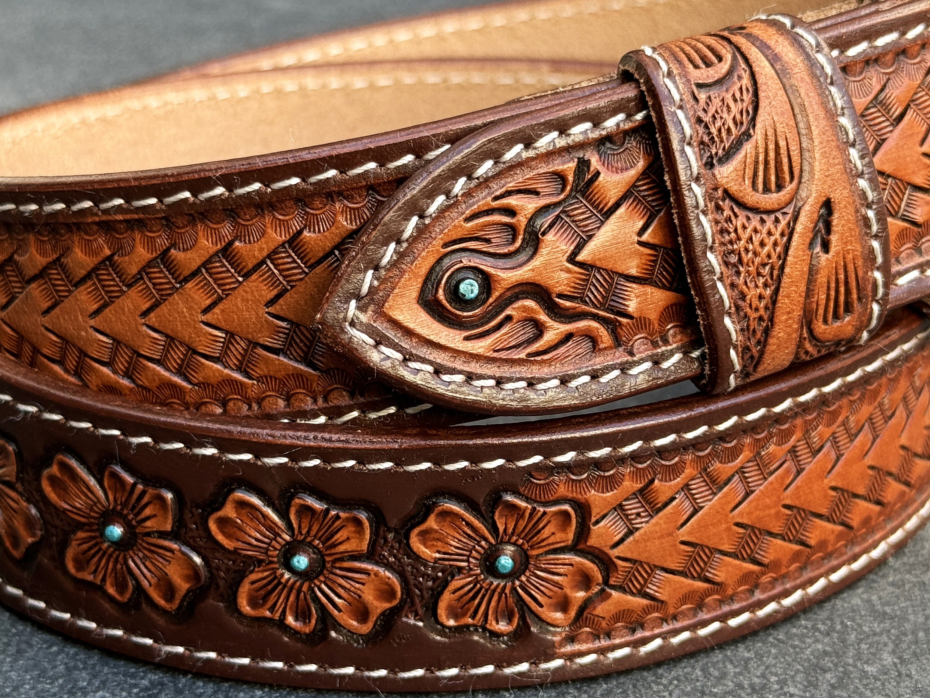 Floral Leather Belt Handmade Men's Personalized Western Belt Genuine ...