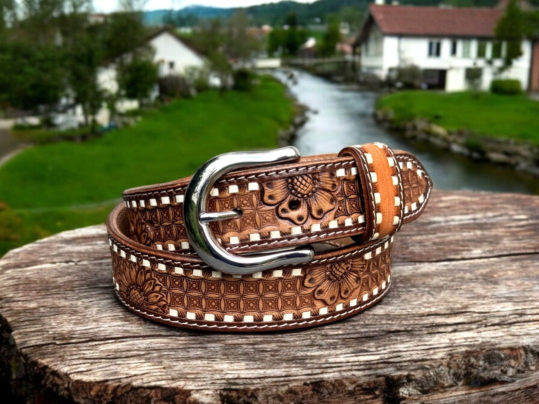 Western Floral Belt Cowhide Full Grain Leather Heavy Duty With Buckle ...