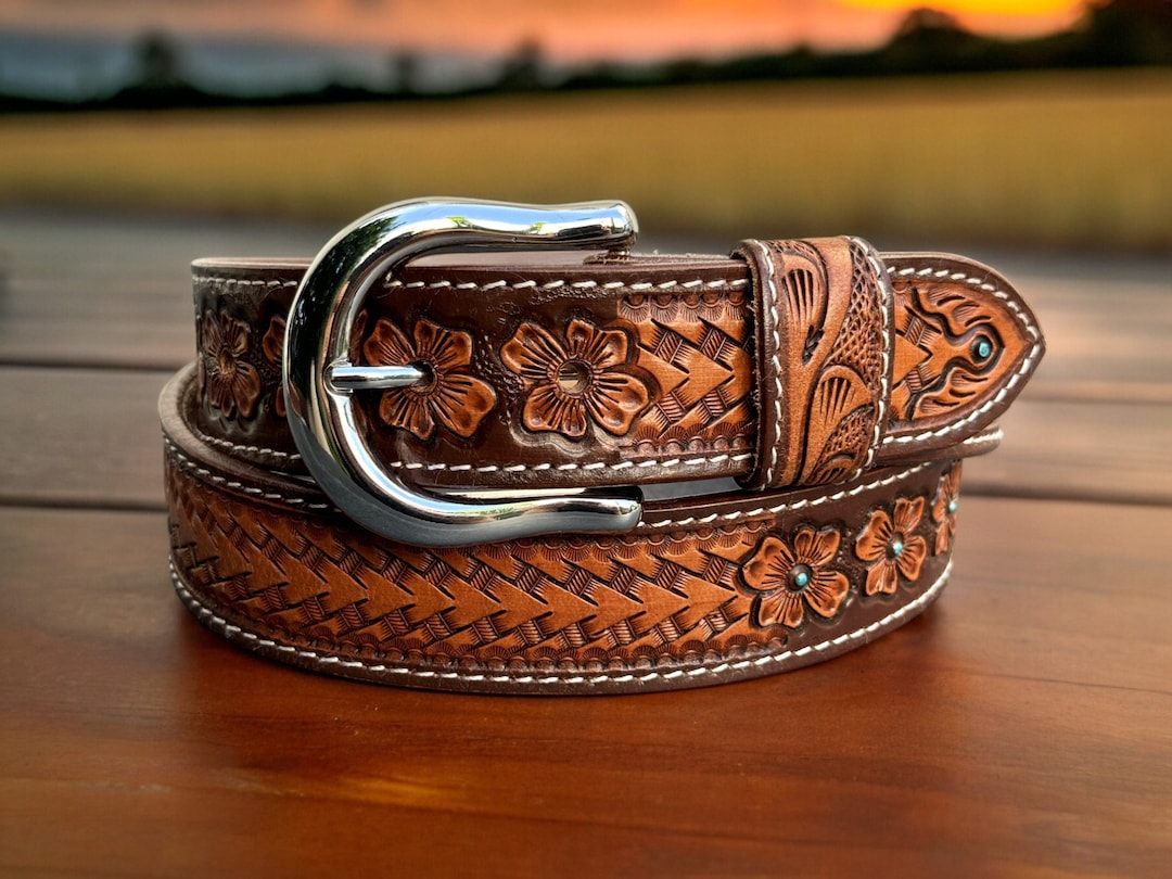Floral Leather Belt Handmade Men's Personalized Western Belt Genuine ...