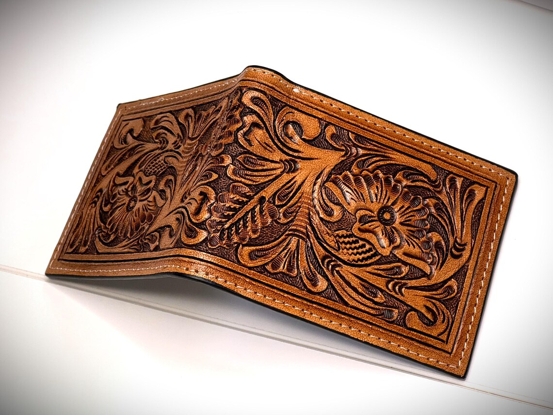 Genuine Leather Bifold Floral Wallet for Men Women Western Wallet ...