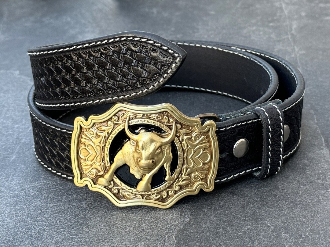 Handmade Tooled Leather Western Belt: Bull Buckle, Personalized Western ...