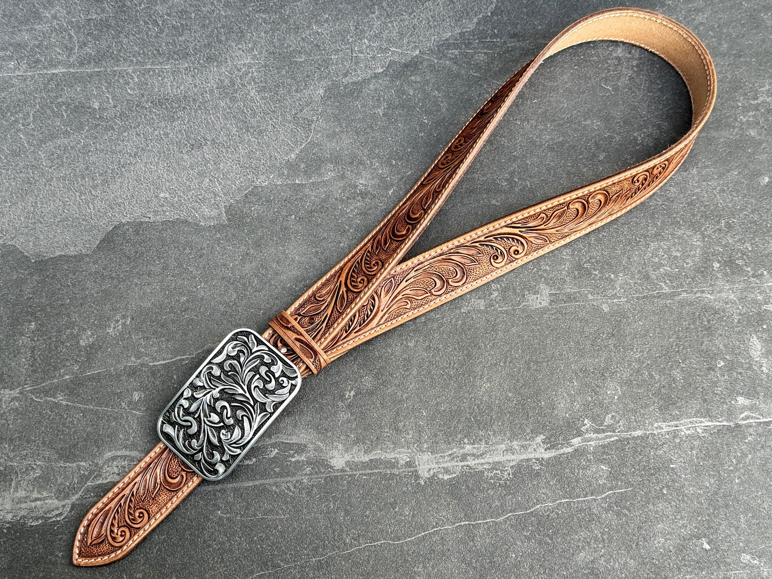 Handmade Western Floral Engraved Leather Belt With Floral Buckle ...