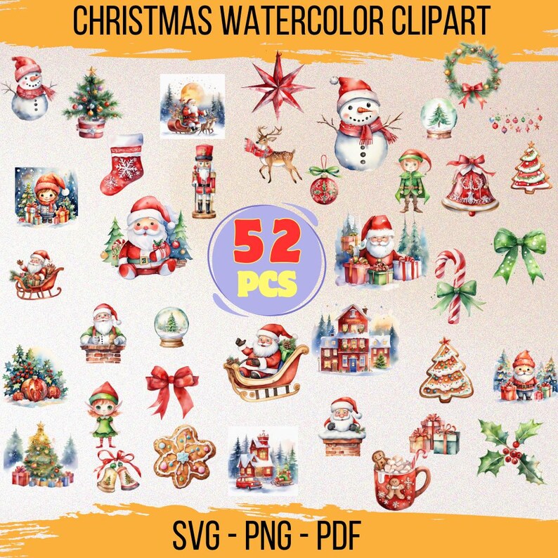 Vintage Christmas Clip Art Set - SVG, PNG, PDF - Watercolor Santa ...