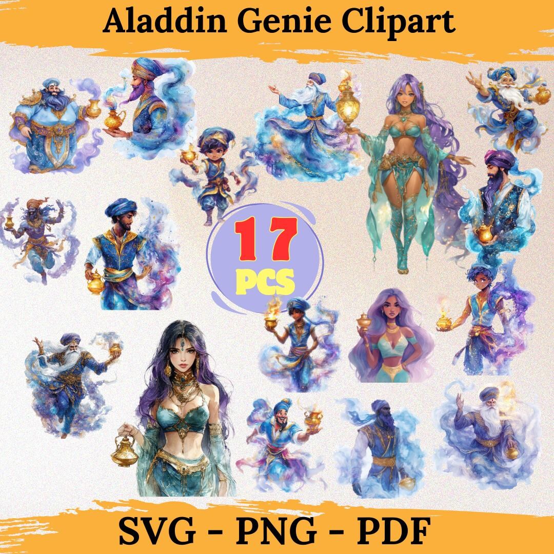 Aladdin Genie Lamp Watercolor Clipart – 17 PNG Files, Instant Download ...