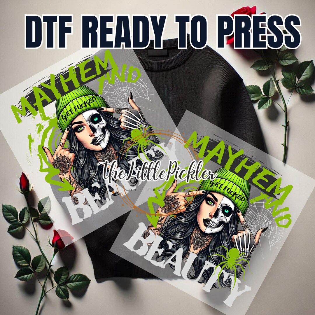 Ready to Press Mayhem Beauty Transfer, Humor Shirt, Skeleton Girl DTF ...