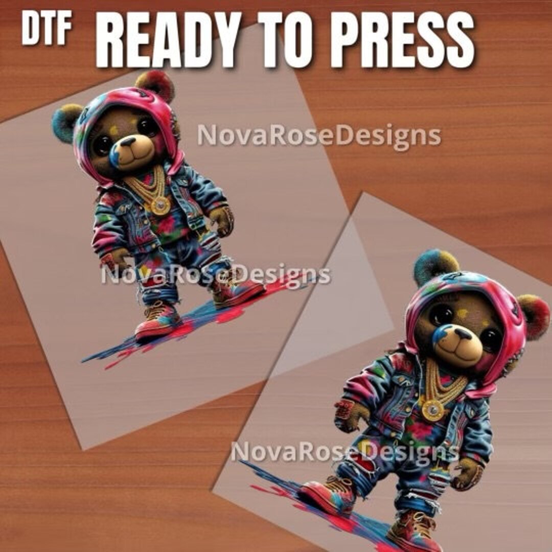 Ready to Press 3D Hip Hop Bear DTF, Colorful Stylish Bear Transfer ...