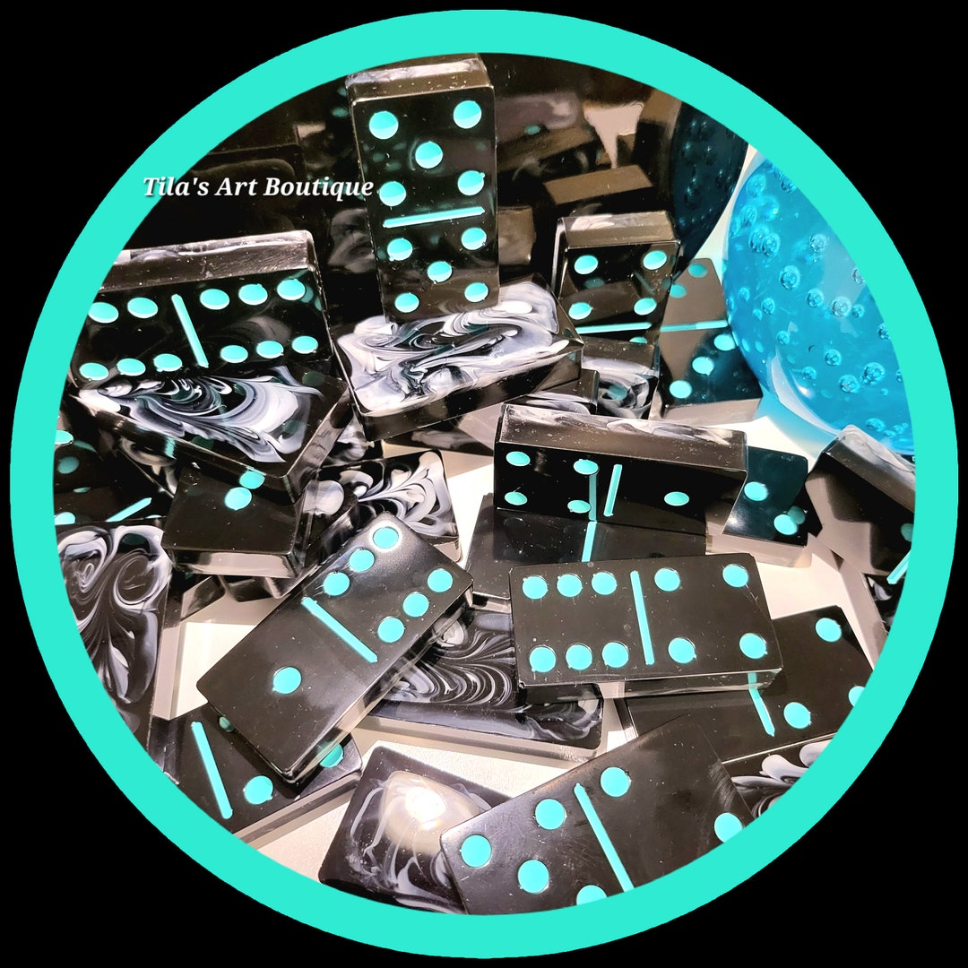 Black and White Dominoes. Aqua Blue Pips. Set of 28. Family Fun, Game ...