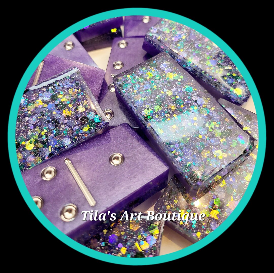 Purple Glitter Resin Dominoes With Box. Chrome Pips. Set of 28. Family ...