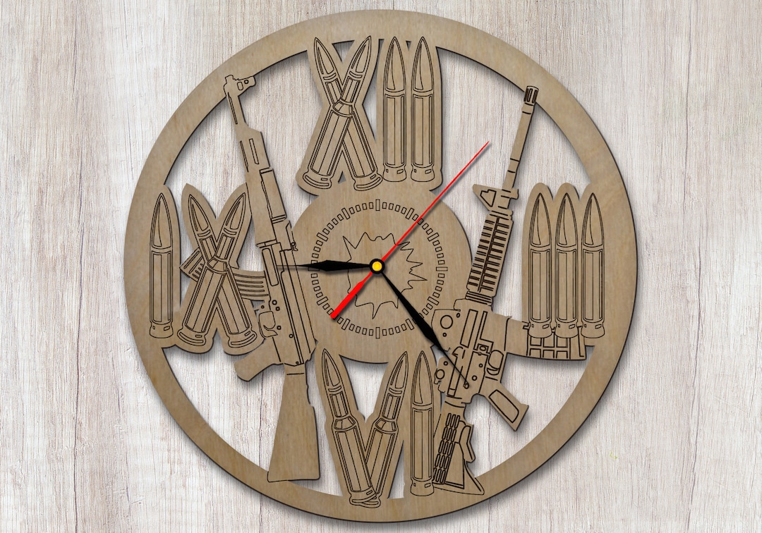 Wooden Wall Clock Weapon Engraved Print Army Custom Clock Automatic Gun ...