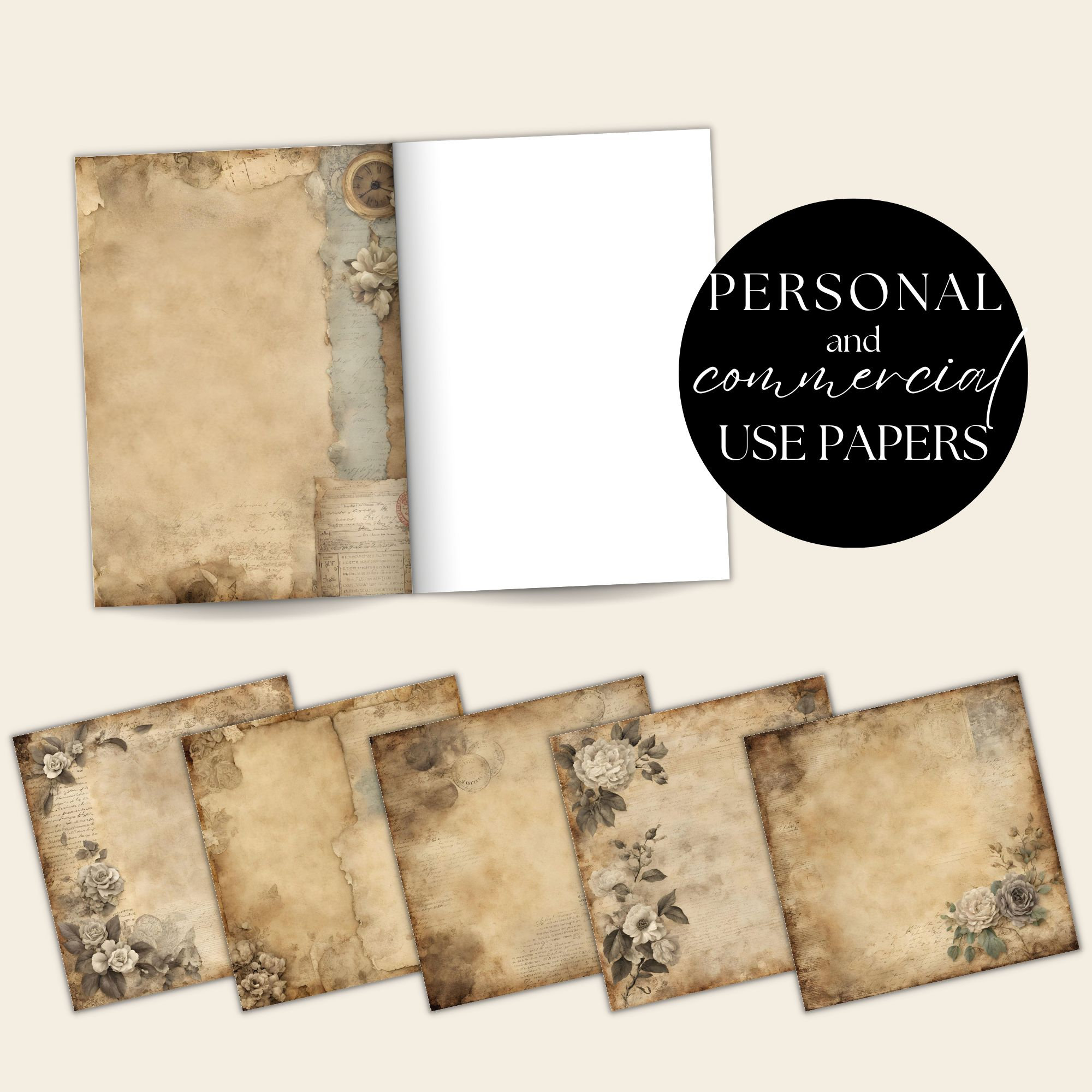 Vintage Digital Paper, Ephemera Digital Paper, Journal Paper ...