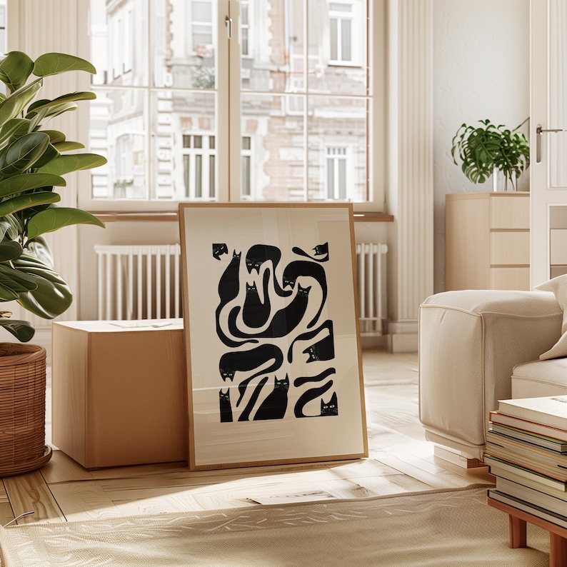 Cat Wall Art, Abstract Black Cat Drawing, Cat Print, Boho Home Decor ...