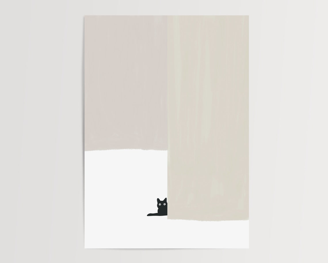 Cat Wall Art, Abstract Black Cat Drawing, Minimalist Cat Print, Boho ...